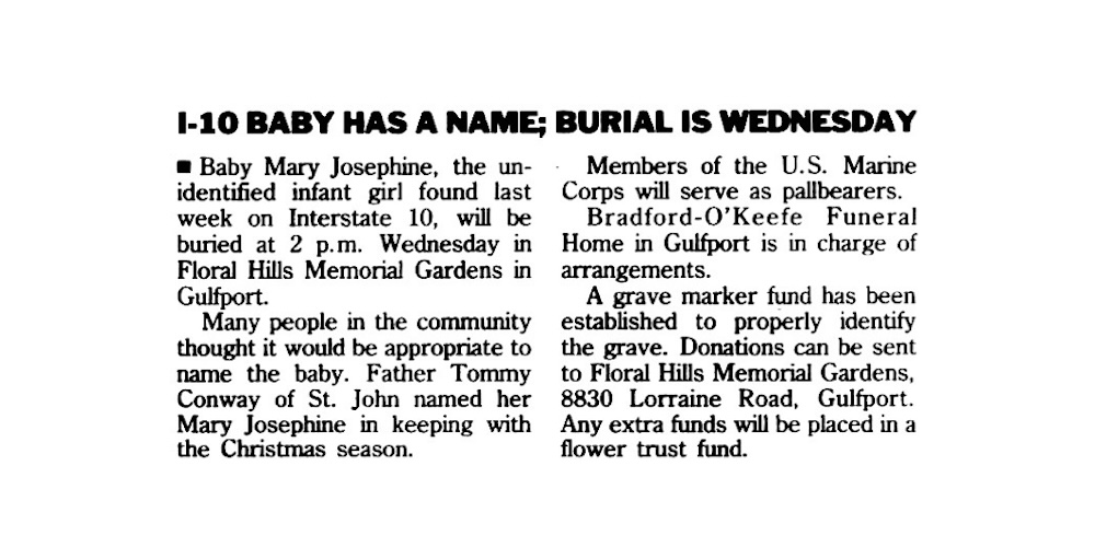 After 30 years, Baby "Mary Josephine" (1993) is Identified